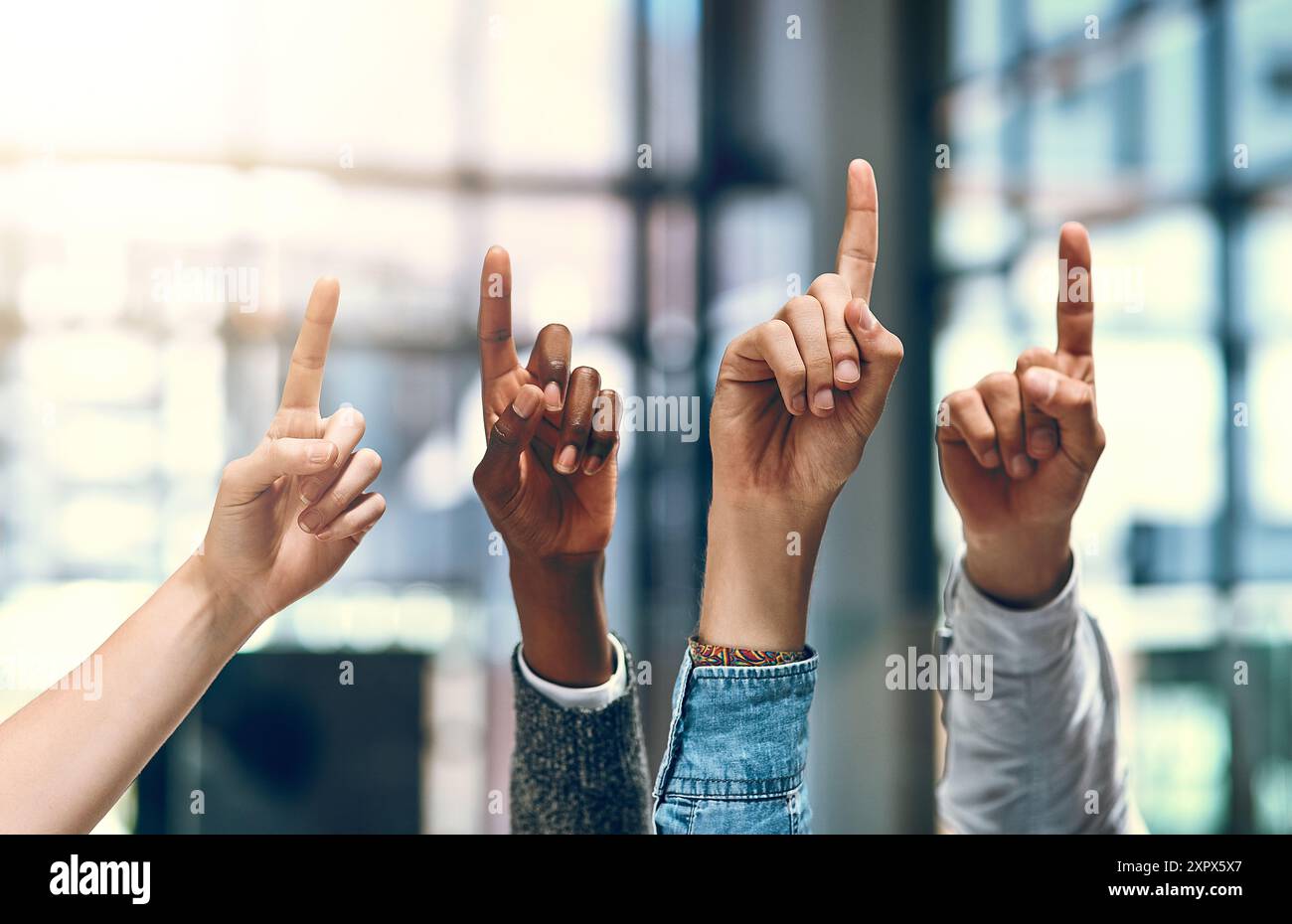 Business people, fingers and feedback question in office, signal and ...
