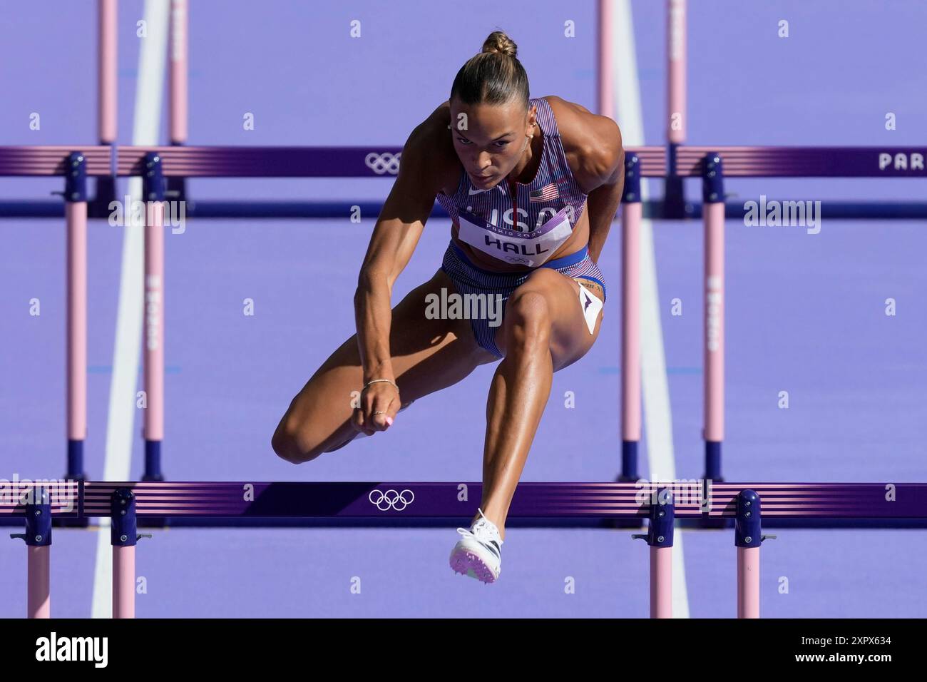 Anna Hall, of the United States, competes in the heptathlon 110 meters ...