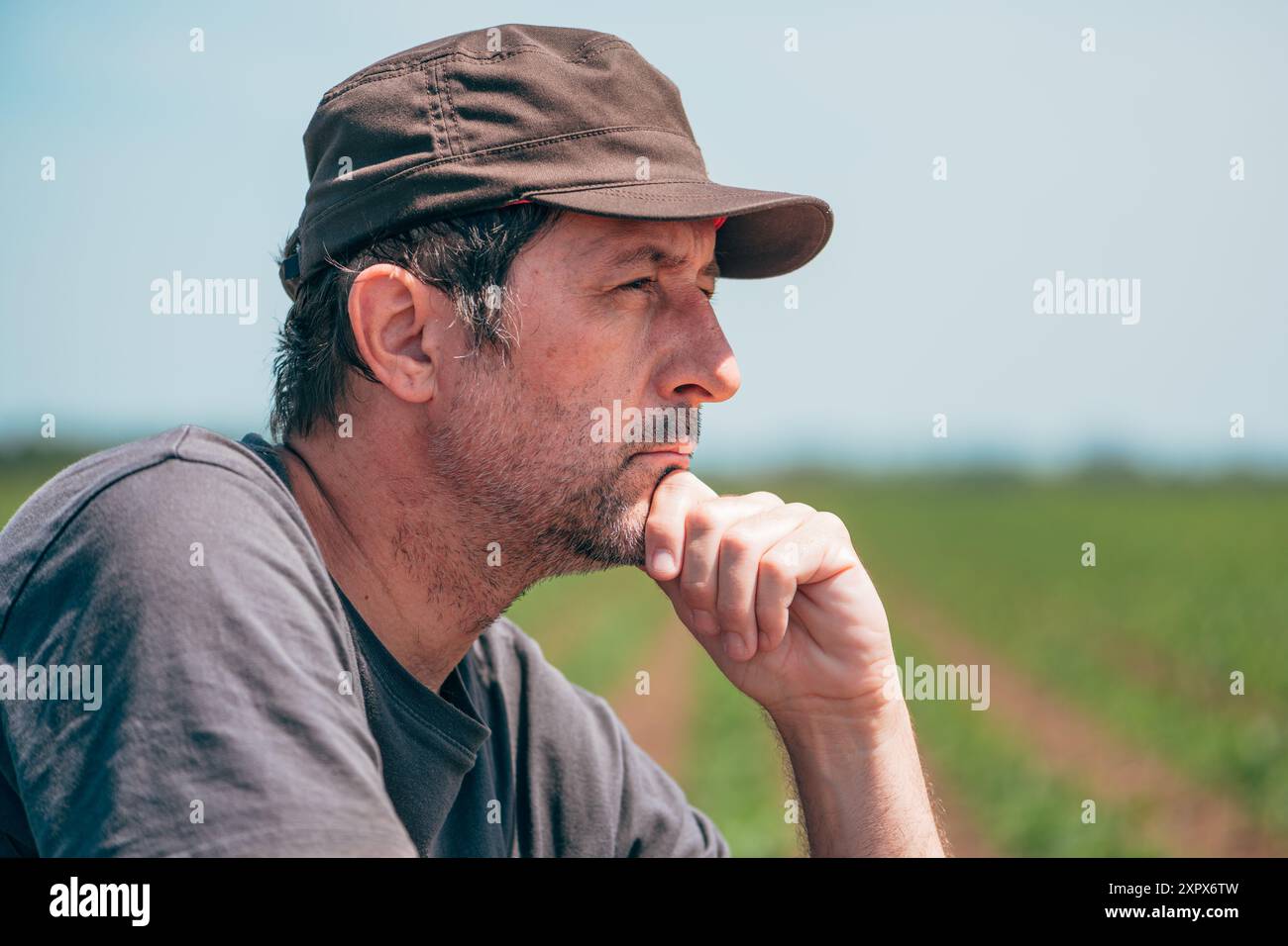 Corn farmer thinking, portrait of adult agronomist in maize field ...