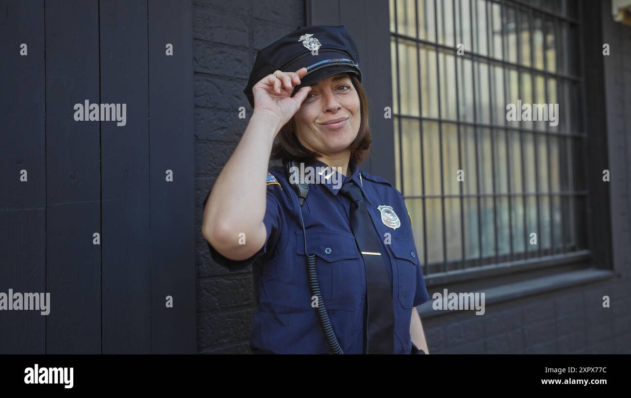 Friendly middle-aged female police officer smiling on an urban street ...