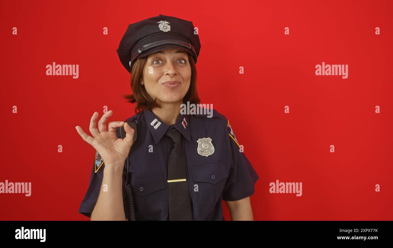 A playful middle-aged woman in a police uniform gestures 'ok' against a ...