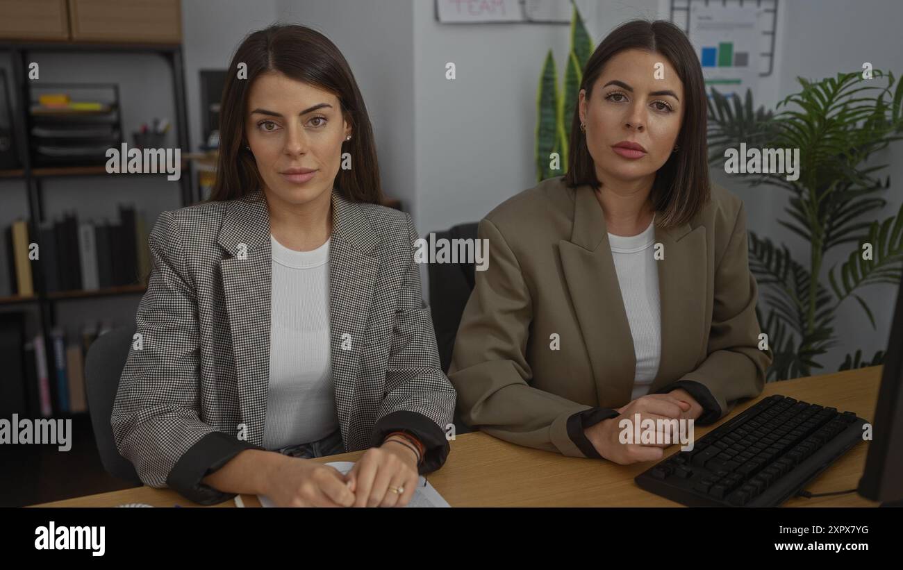 Two hispanic women executives sitting indoors at an office workplace ...