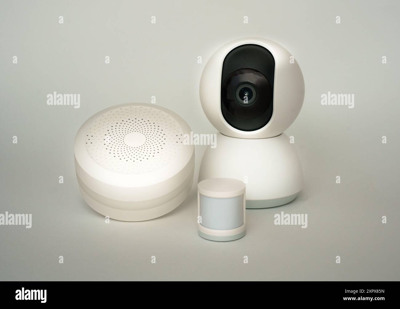 Smart home devices on white background. Security webcam speaker gate ...