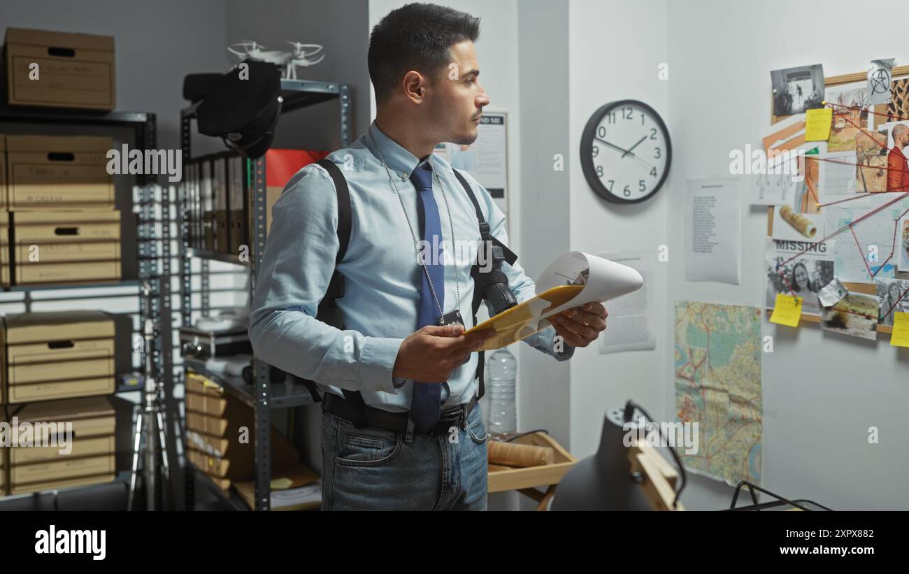 Handsome hispanic man examining documents in a well-organized detective ...