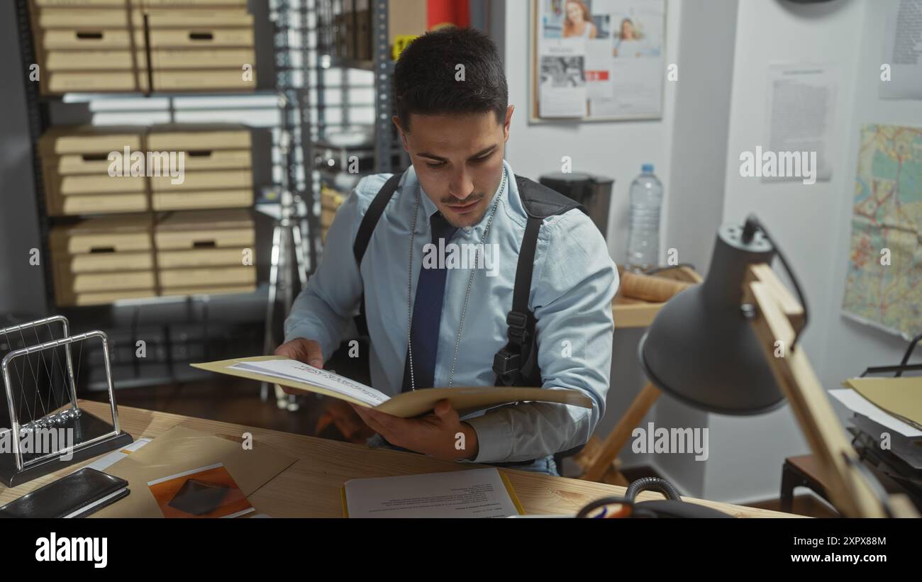 Hispanic detective man reading file in office with map and evidence ...