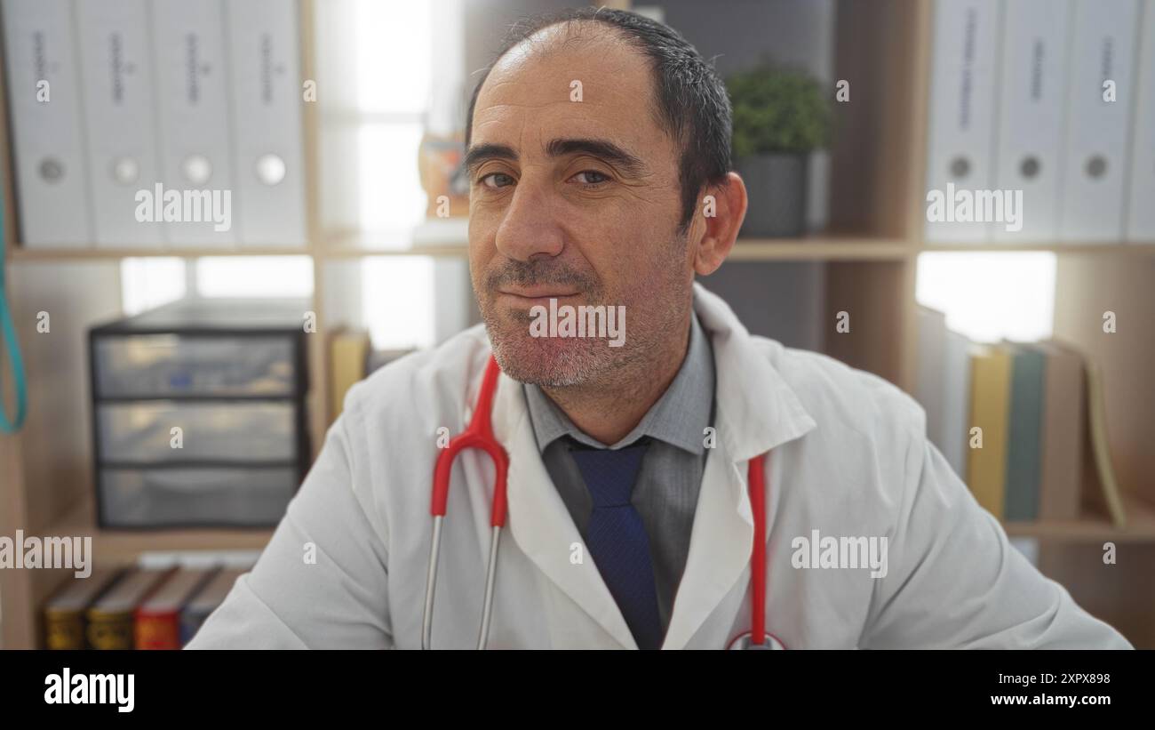 Middle-aged hispanic male doctor in a white coat with a stethoscope ...