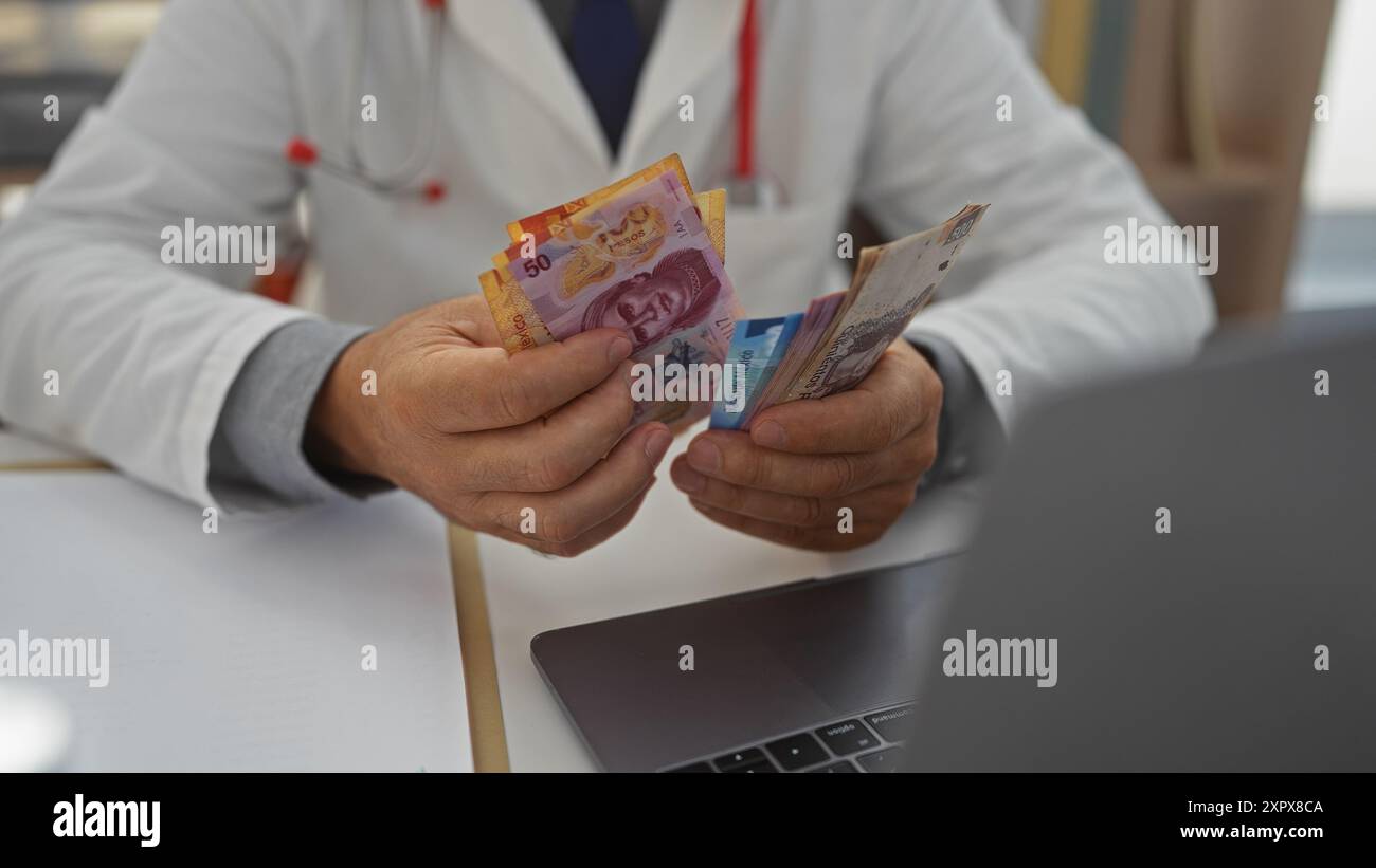 Hispanic man in a clinic counting mexican pesos at his workplace, with ...