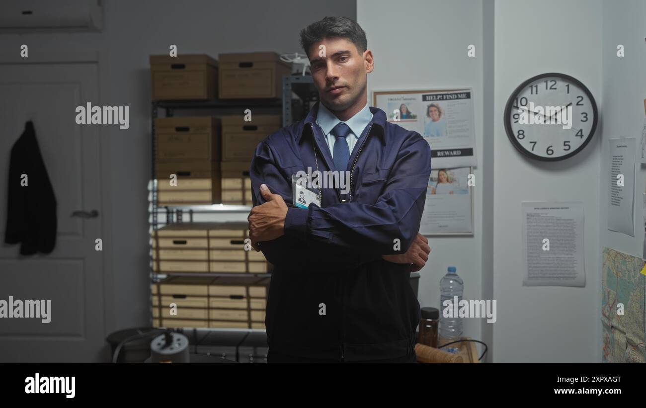 Young hispanic man with arms crossed standing confidently in a police ...