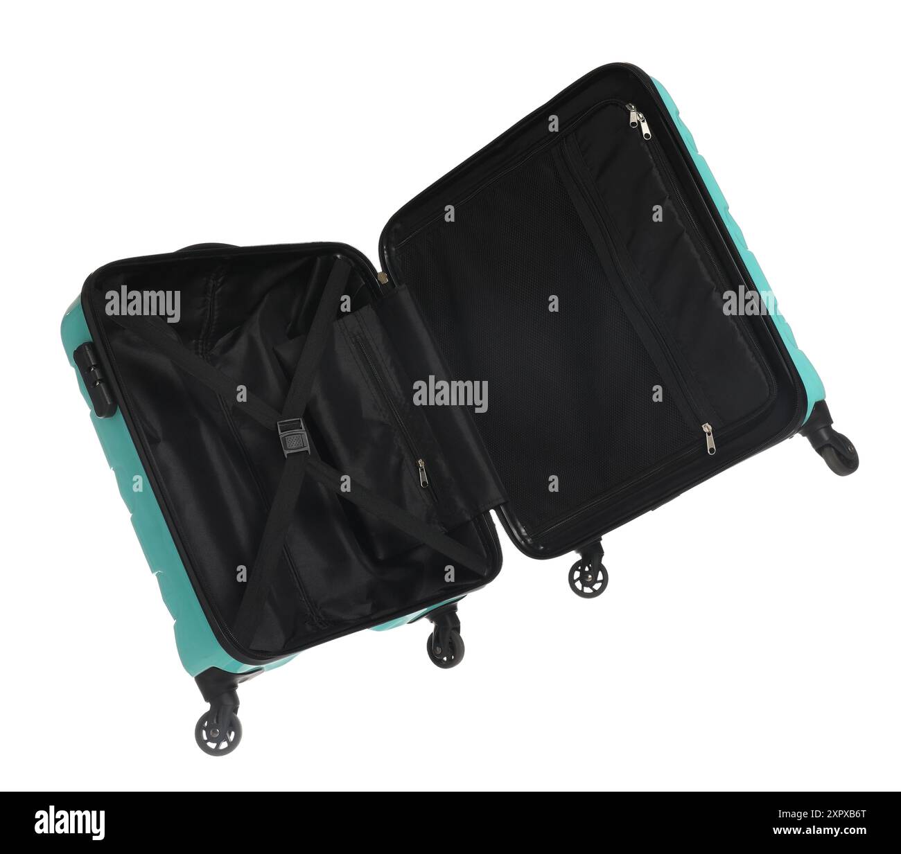 Open empty suitcase for travelling in air isolated on white Stock Photo ...