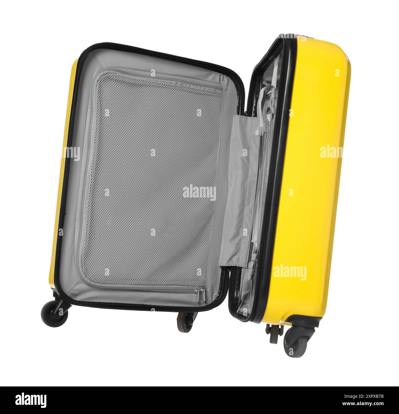 Open empty suitcase for travelling in air isolated on white Stock Photo ...