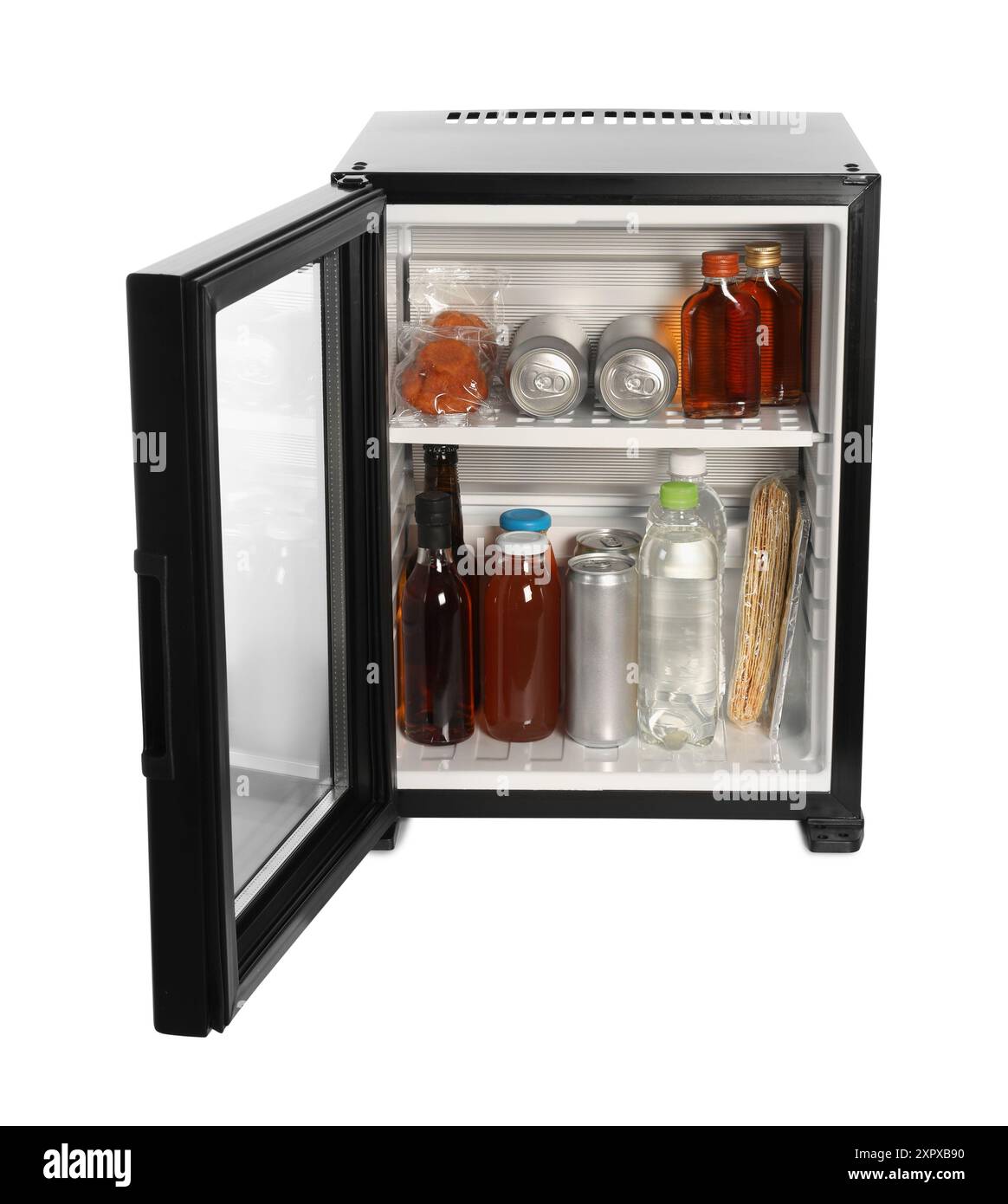 Mini refrigerator with drinks and snacks isolated on white Stock Photo ...