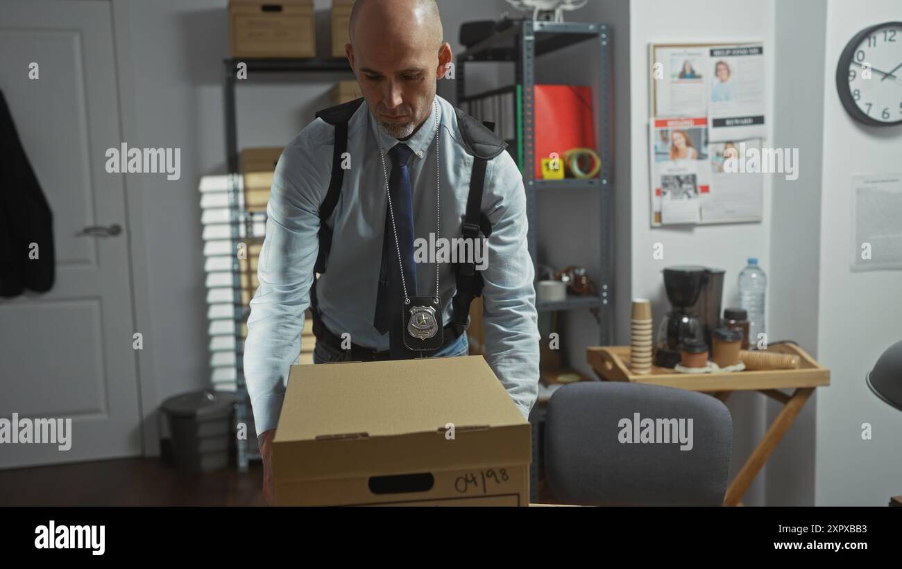 A bald man carrying a box in a police station, with a visible badge, in ...
