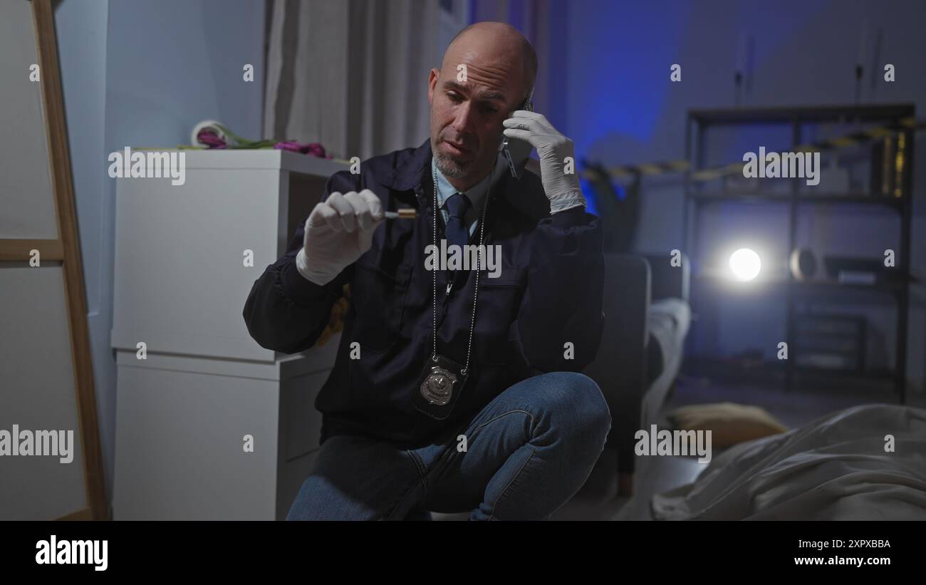 Bald detective man analyzing evidence indoors at night, resembling a ...