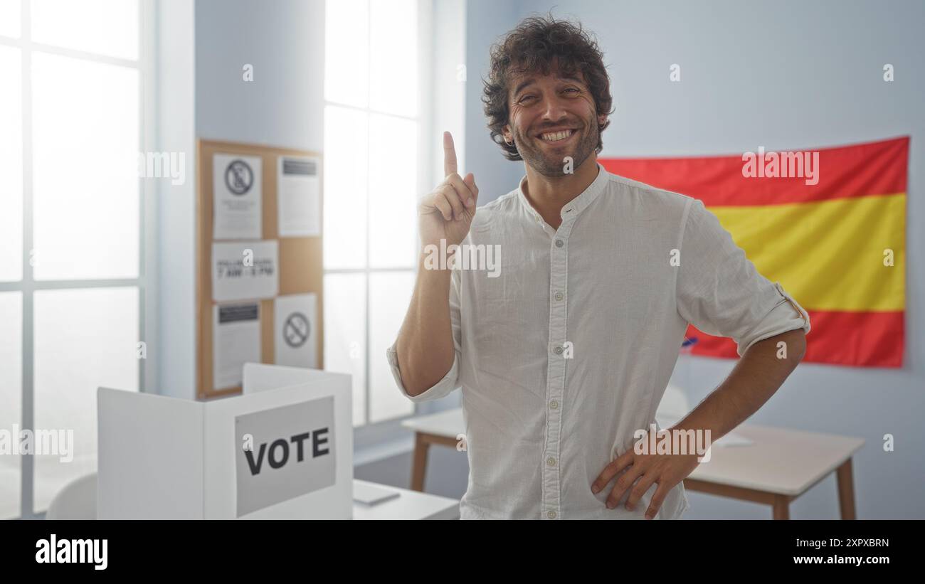 Young man voting in an indoor electoral college room with a spanish ...