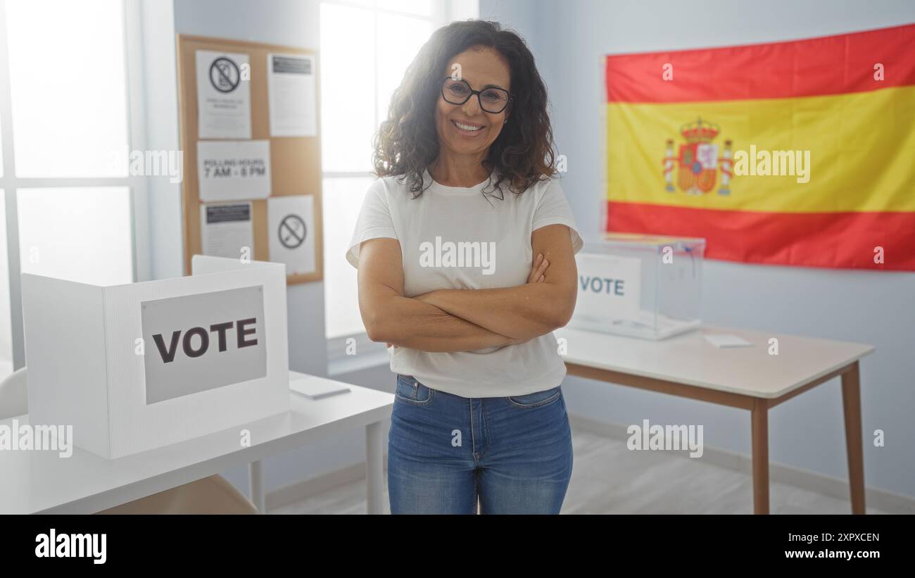 Hispanic woman standing with crossed arms in an electoral room with ...