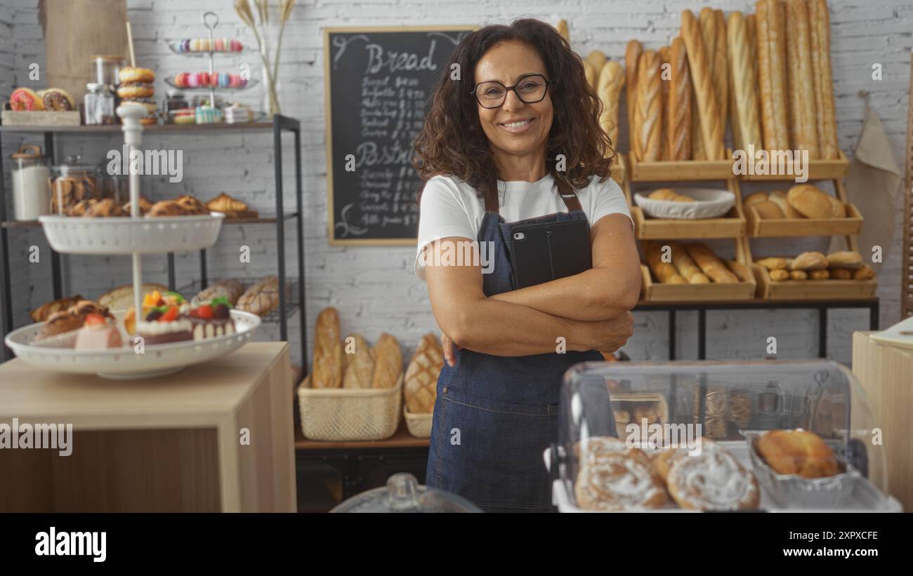 Woman in bakery standing arms crossed wearing apron surrounded by bread ...