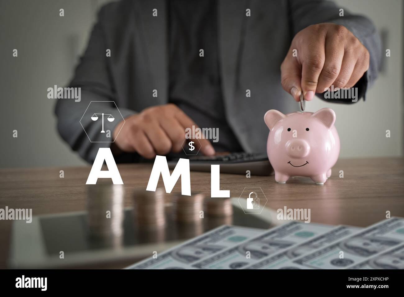 Anti Money Laundering (AML) Businessman judge in office with finance ...