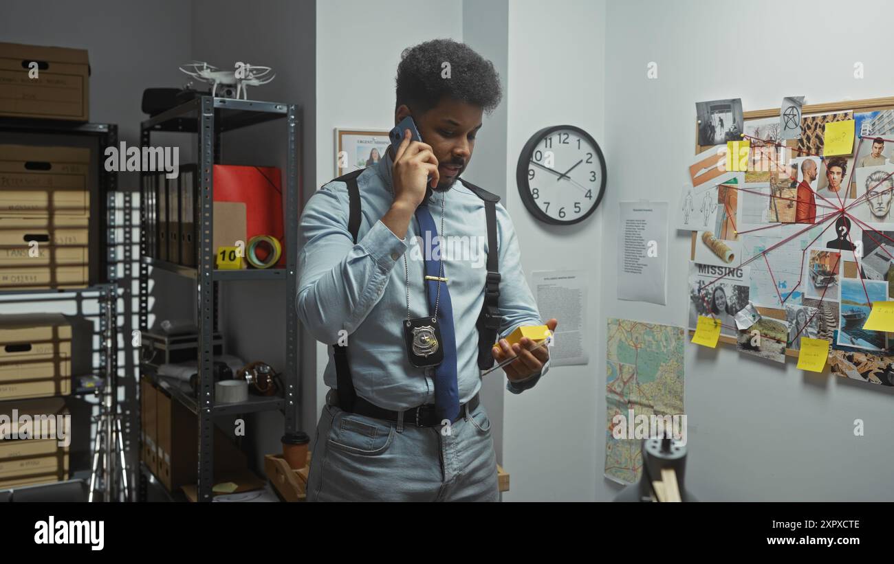 African american detective analyzes clues at crime investigation board ...