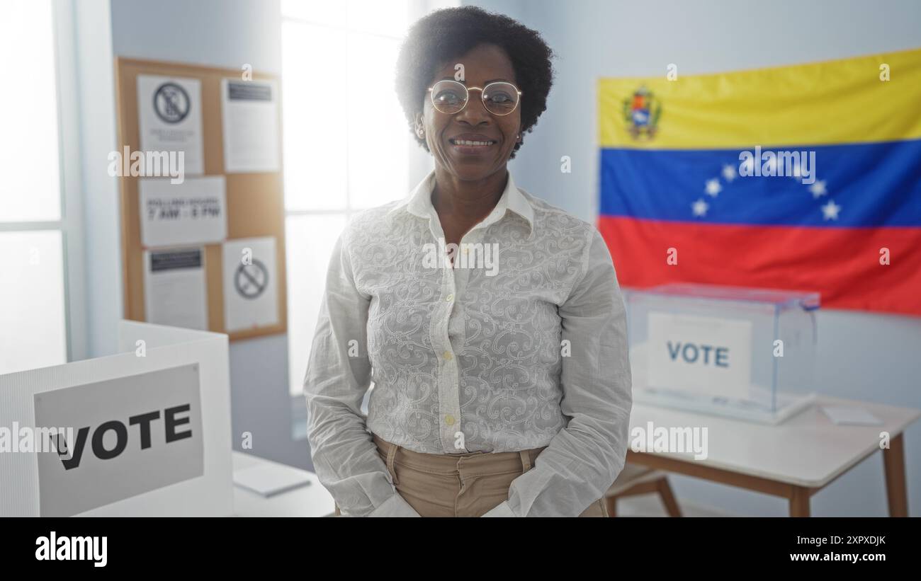 Woman smiling in electoral college room with venezuelan flag in the ...