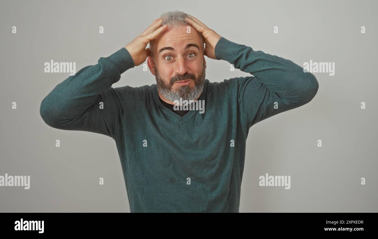 A perplexed caucasian man with a beard, touches his head against a ...