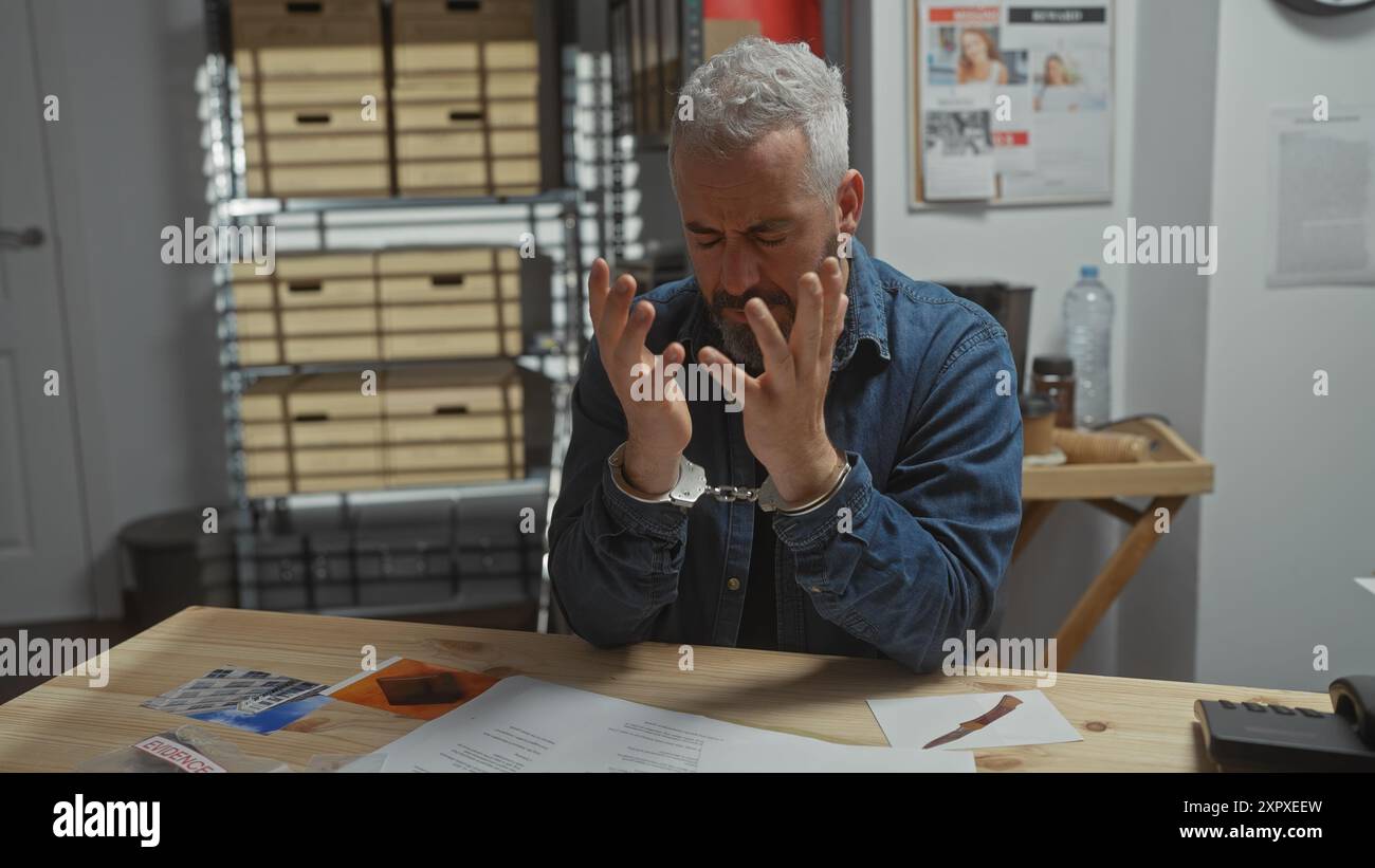 Handcuffed man distressed at a police station, with evidence and files ...
