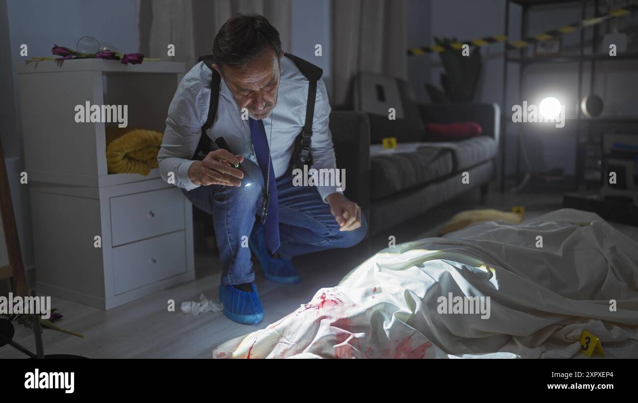 A mature man investigates a crime scene in an indoor setting, examining ...