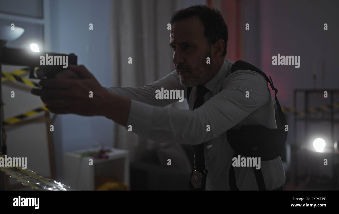 Mature detective man indoor crime gun focus concentration serious Stock ...