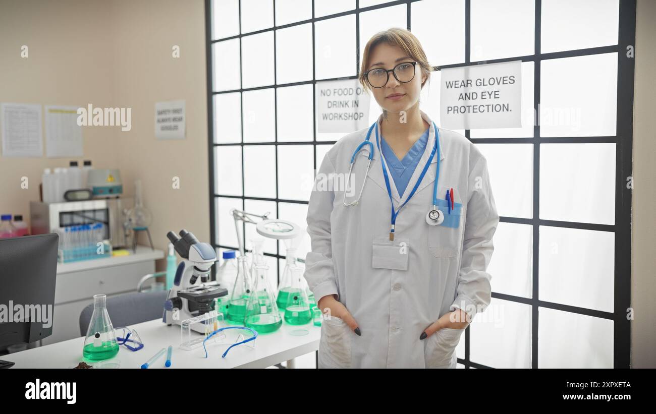 Portrait of a young confident woman scientist wearing lab coat and ...