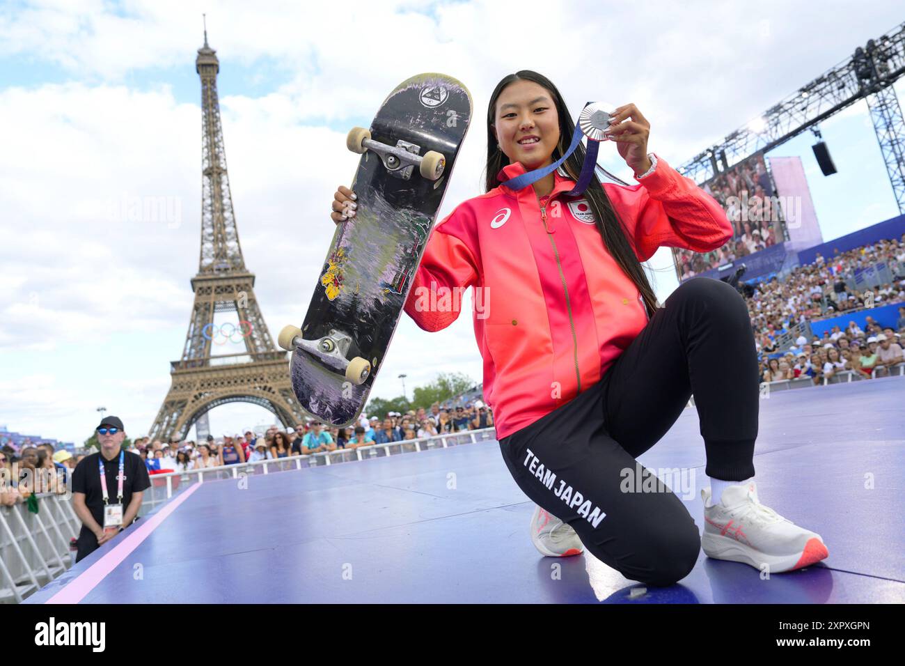 Skateboarding women's park silver medalist Cocona Hiraki of Japan poses with her medal at the ...