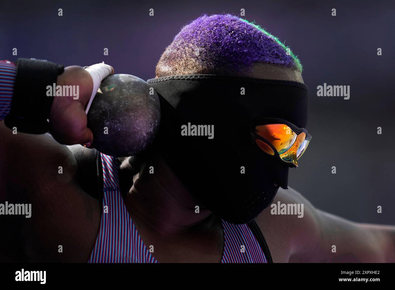 Raven Saunders, of the United States, competes during the women's shot ...