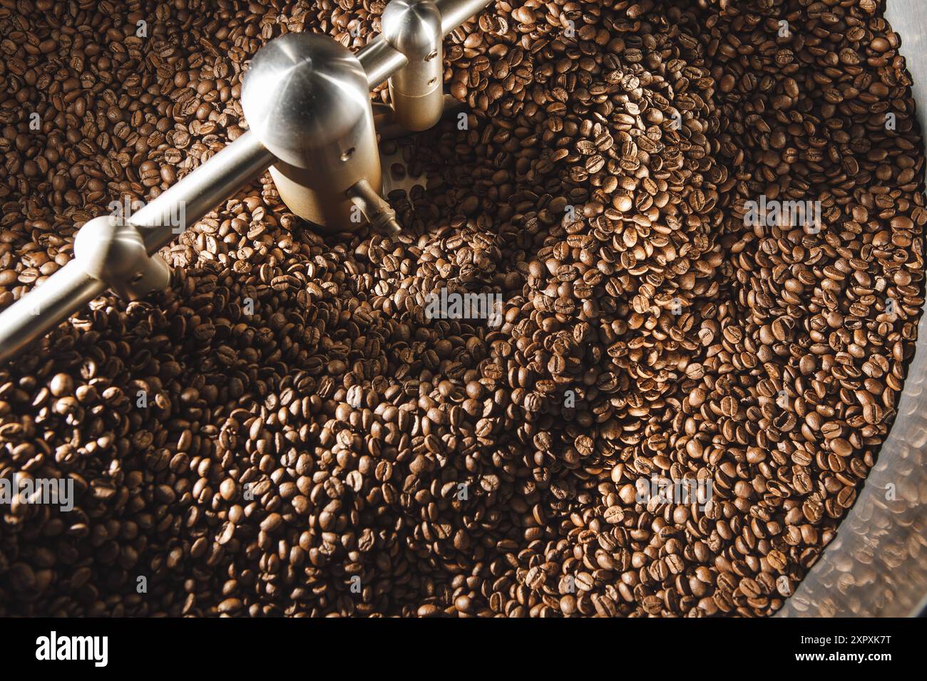 Roasted Coffee Beans Cooling in Rotating Hopper, Top View Close up ...