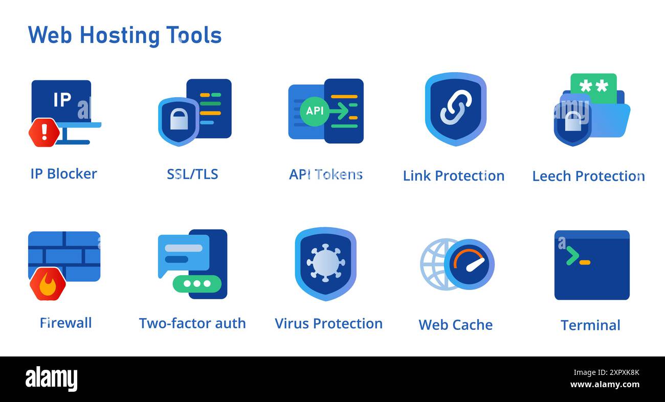 Web hosting tools icon set service from SSL IP blocker firewall API tokens web cache two factor ...