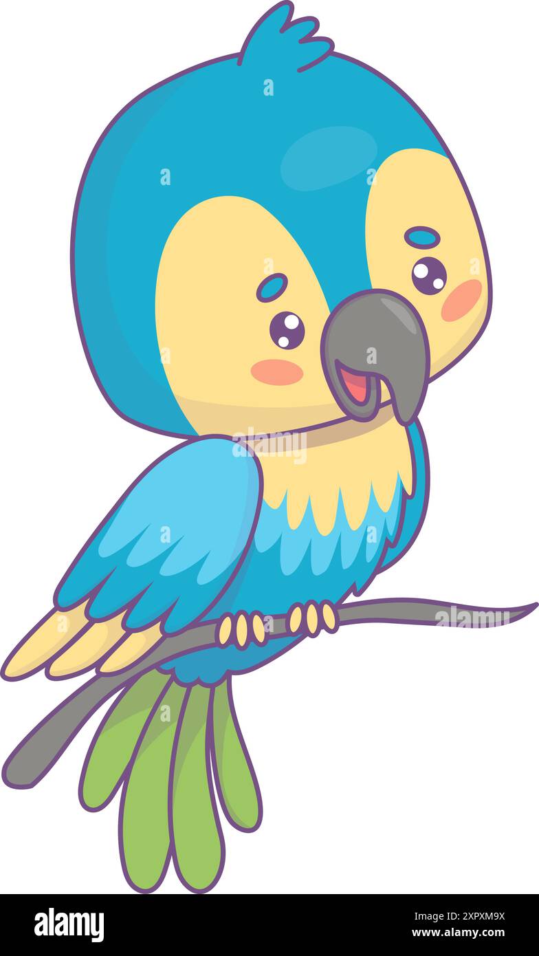 Cute Ara parrot on branch. Funny cartoon kawaii yellow blue bird ...