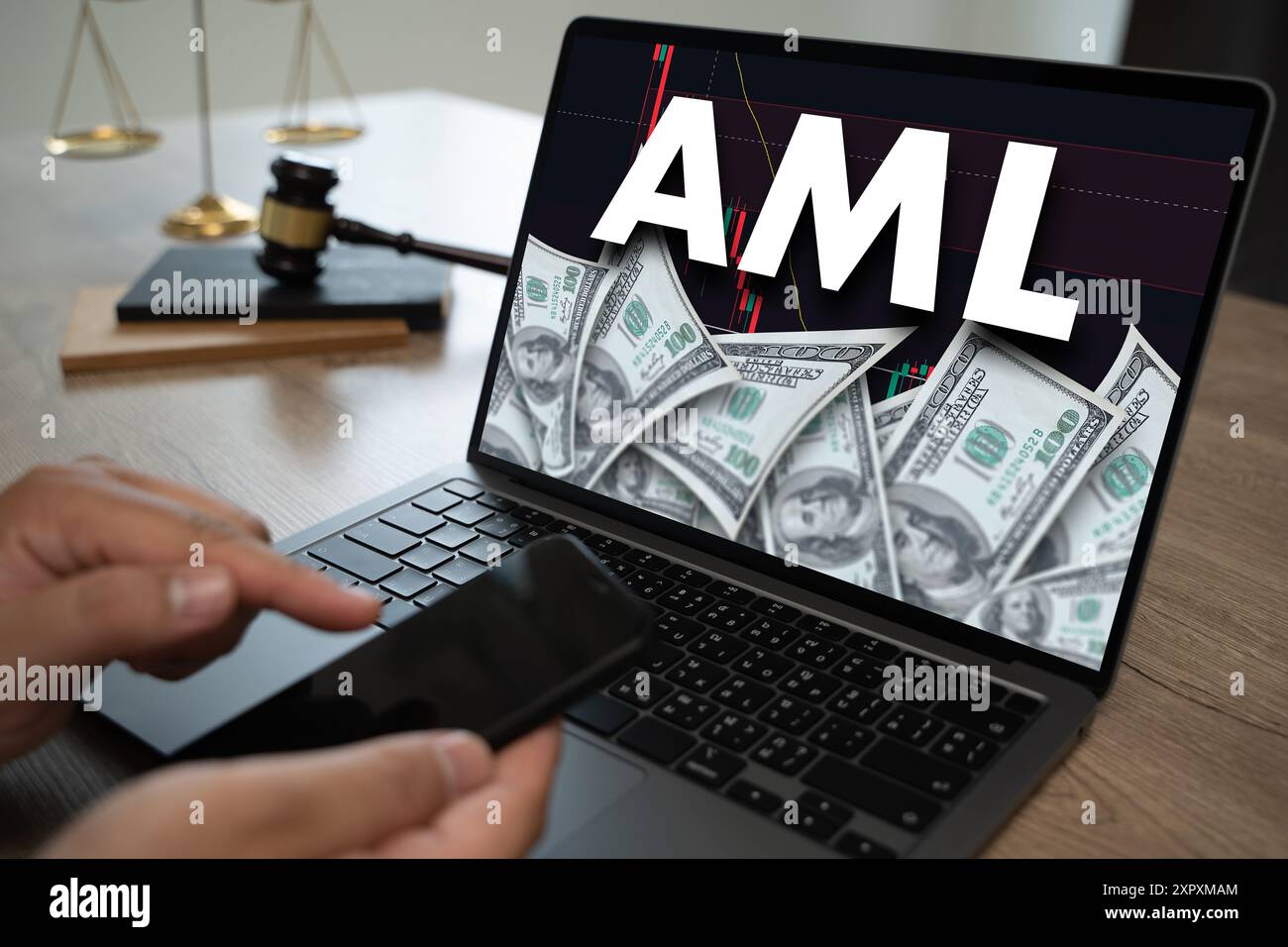 Anti Money Laundering (AML) Businessman judge in office with finance ...