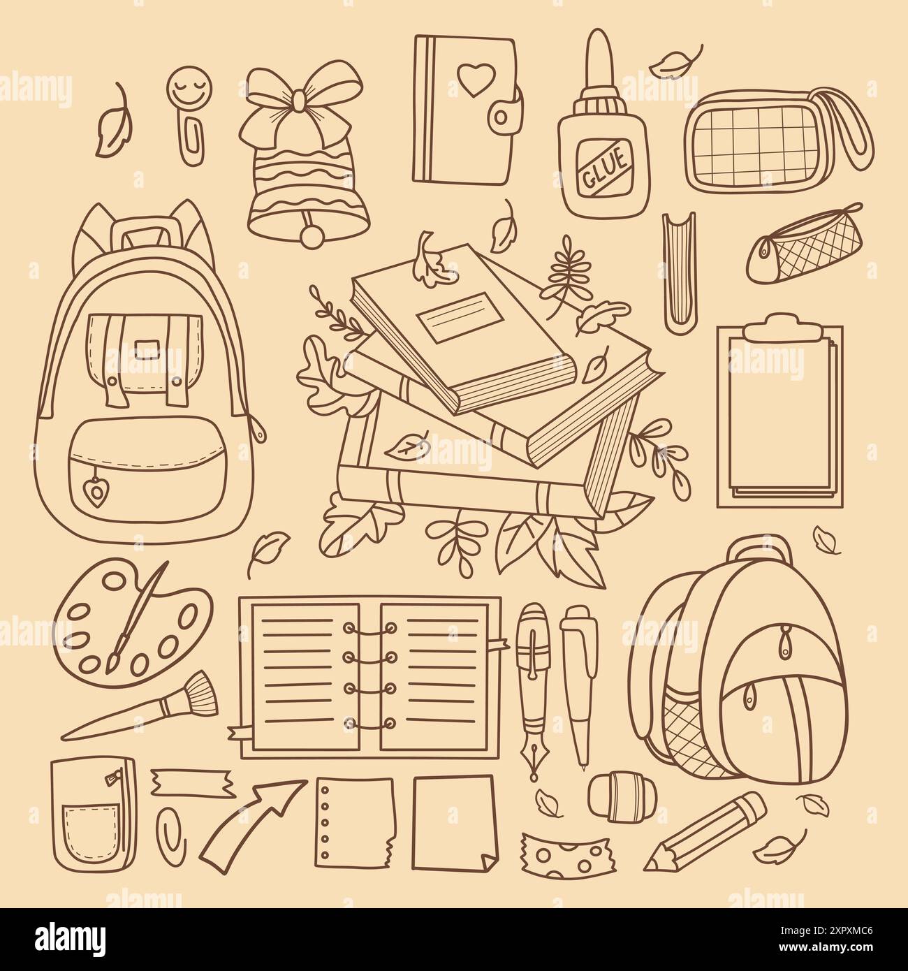 School doodles. Backpack, pencil cases, books, notebooks, accessories ...