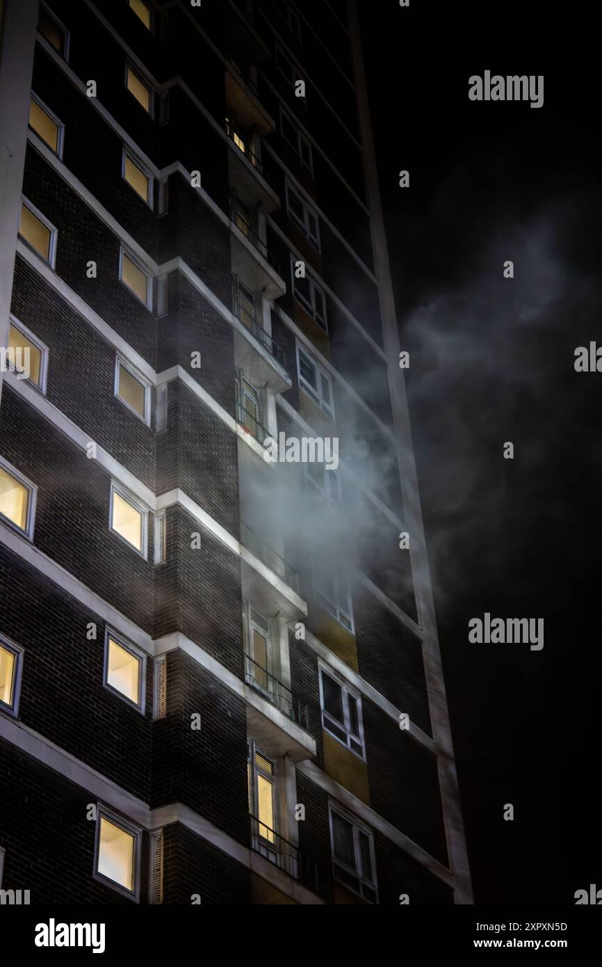 A London residential tower block on fire is attended by the London Fire ...