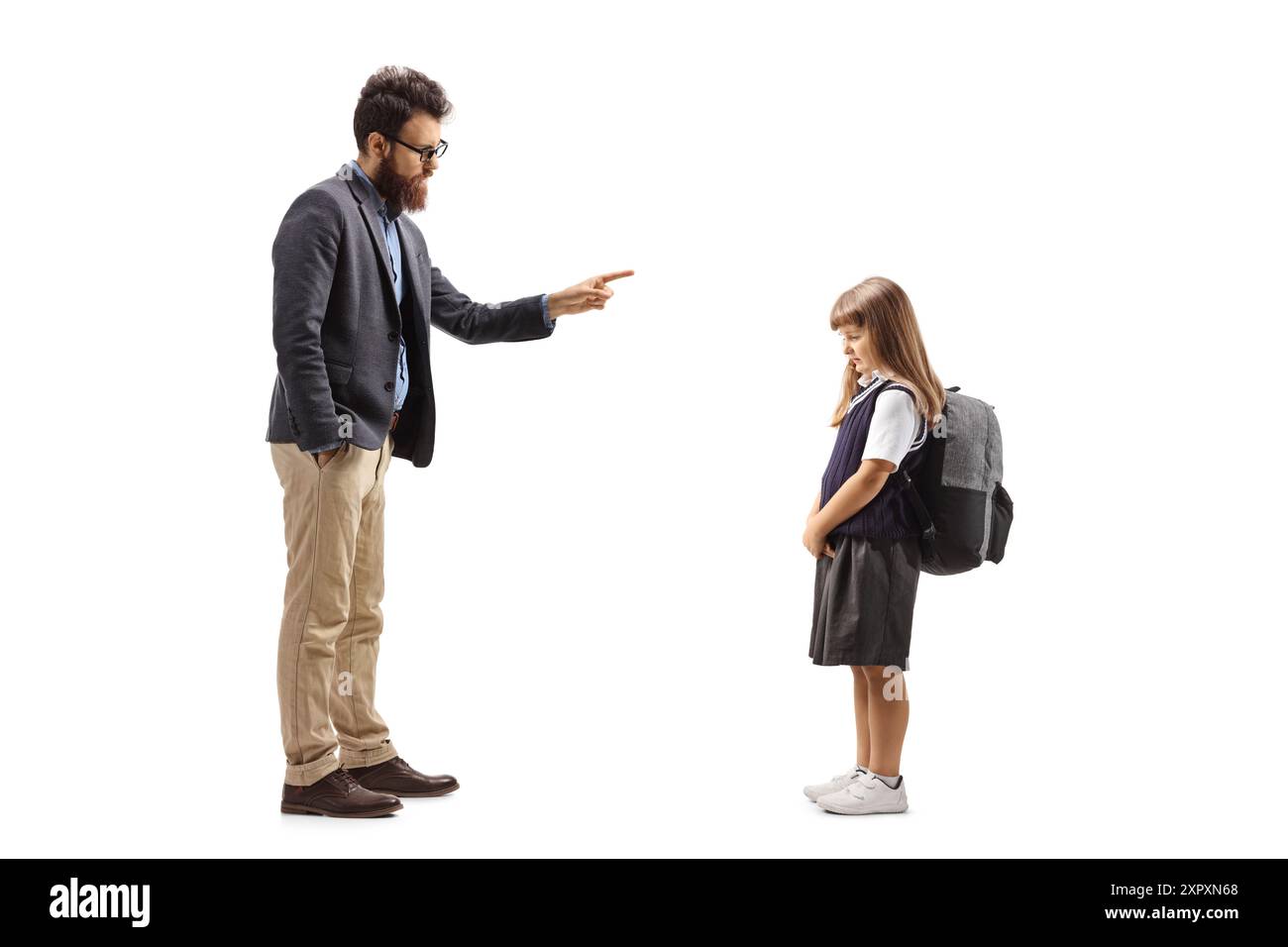Full length profile shot of a man reprimanding a schoolgirl isolated on ...