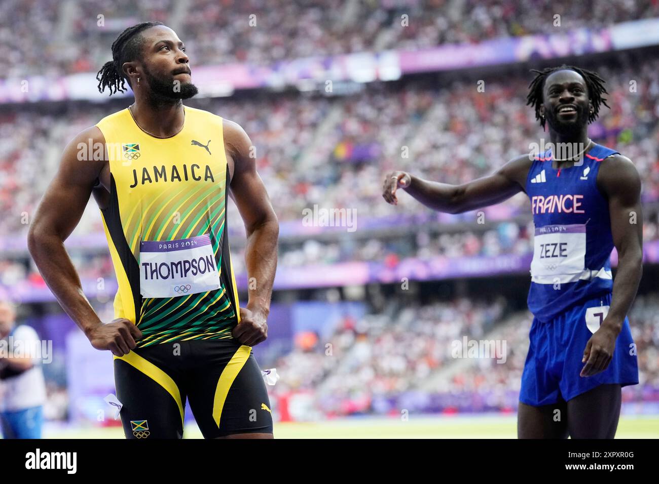 Kishane Thompson, of Jamaica, reacts after his men's 4x100-meter relay ...