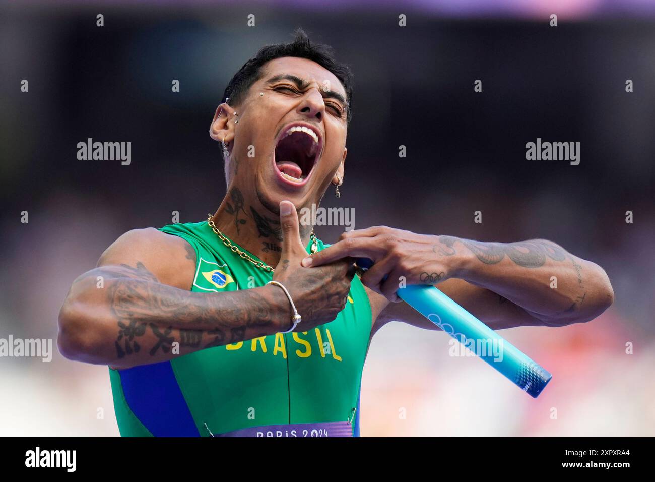 Gabriel Dos Santos, of Brazil, reacts ahead of their men's 4x100-meter ...