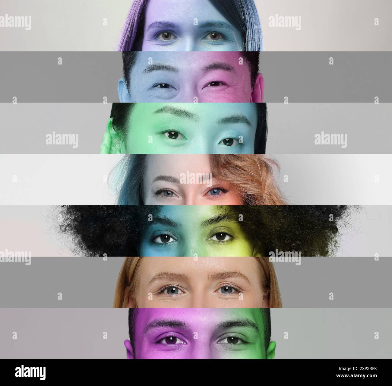 Men and women, closeup. Collage with color toned photos of eyes Stock ...