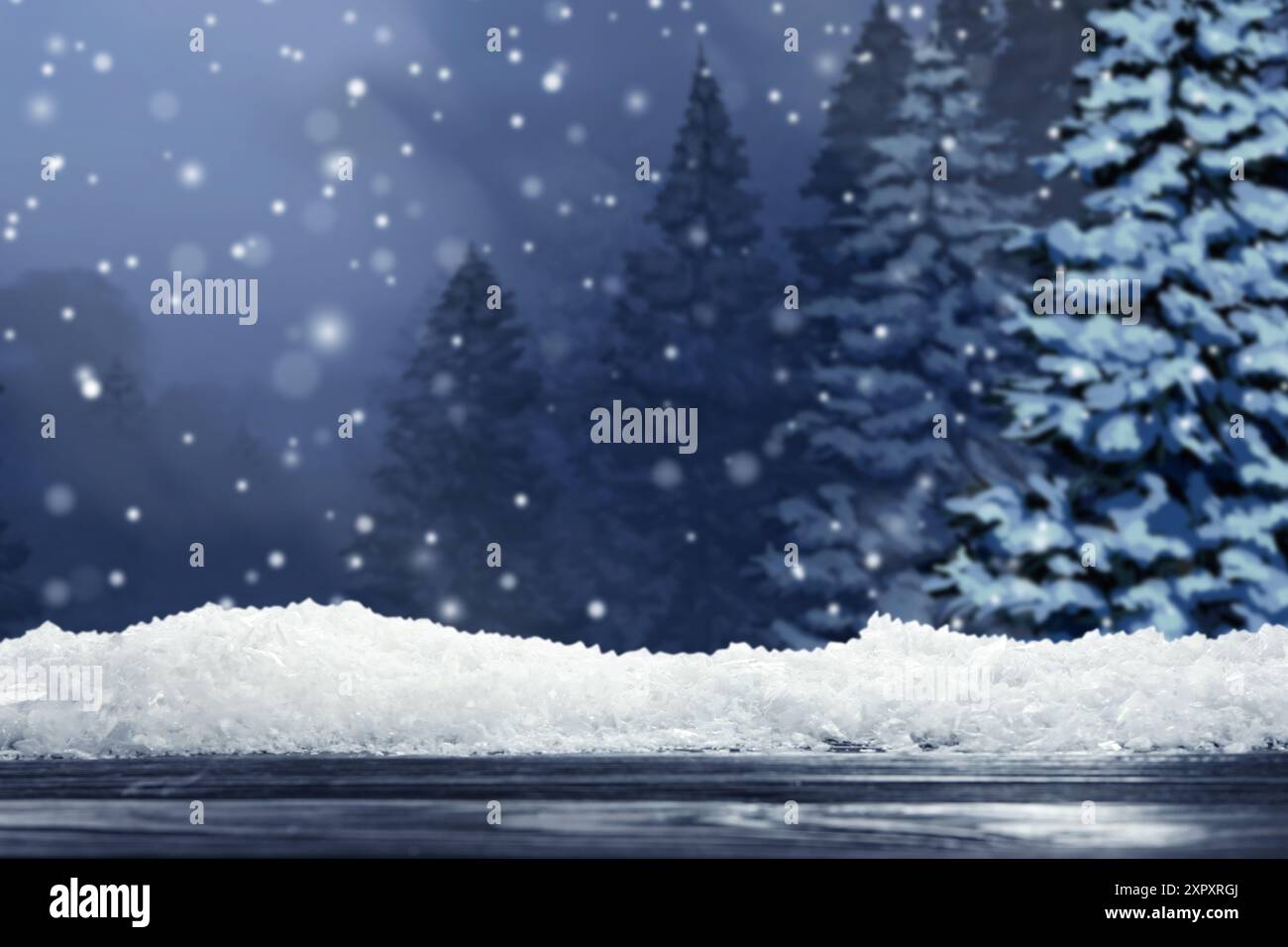 Wooden table with snow in forest, space for text Stock Photo - Alamy