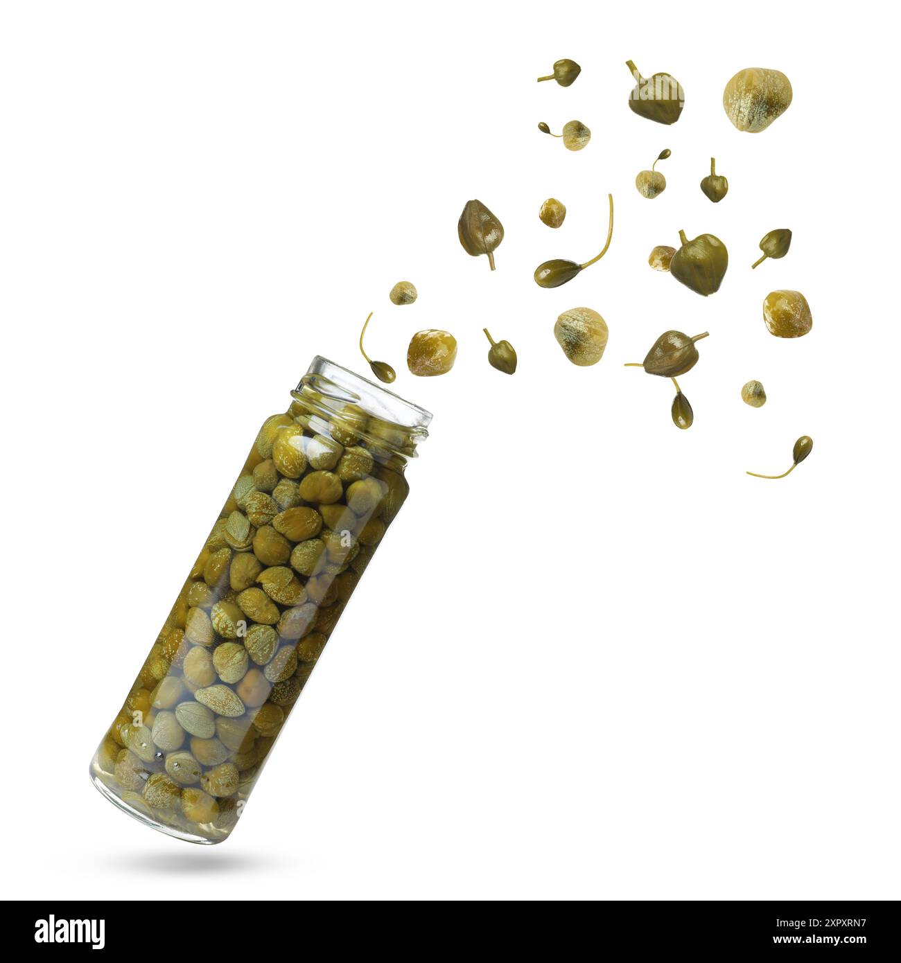 Jar with capers in air on white background Stock Photo - Alamy