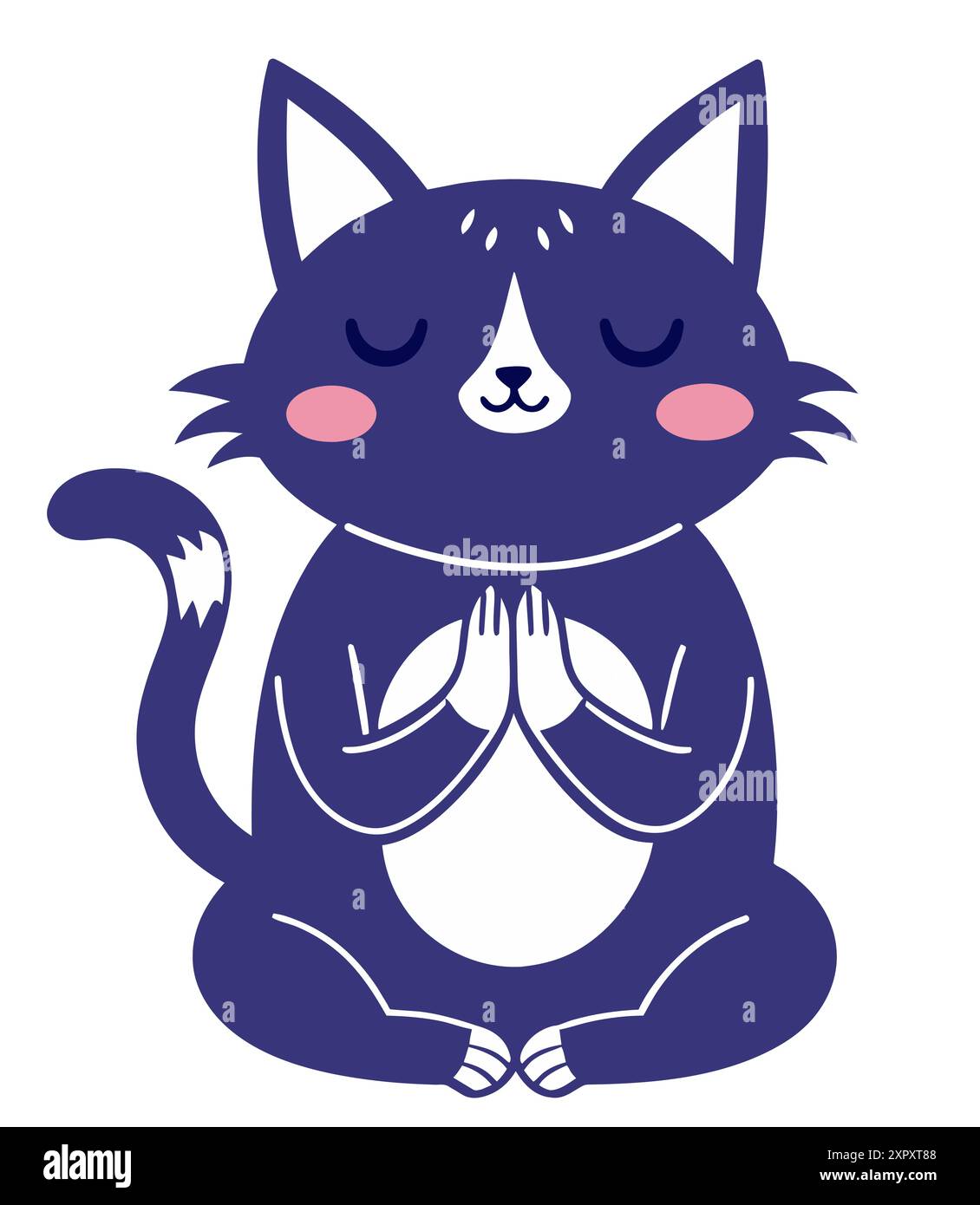 Hand drawn cute cat praying or meditating with closed eyes. Cartoon ...