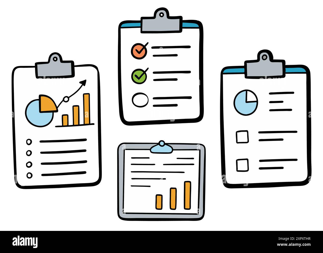 Hand drawn doodle clipboard with checklist, graphs, diagrams. Cartoon ...