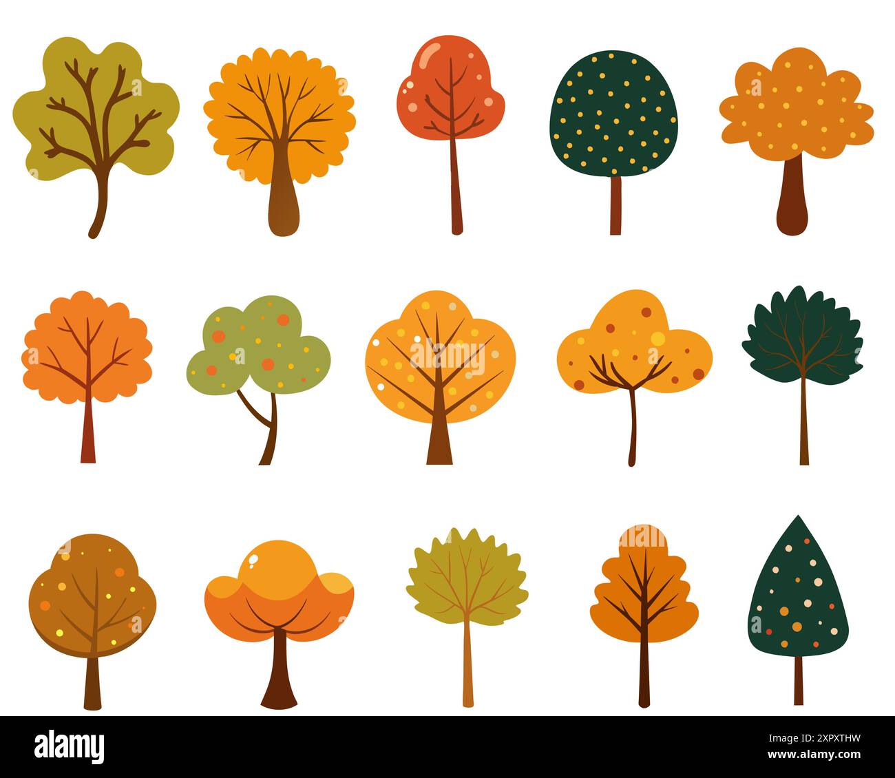 Collection of simple trees of different shapes and colors. Cartoon ...