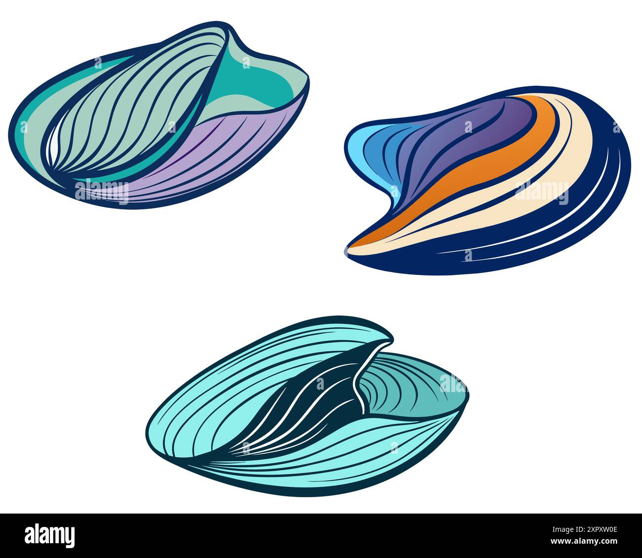 Set of hand drawn colorful mussels. Cartoon style vector illustration ...