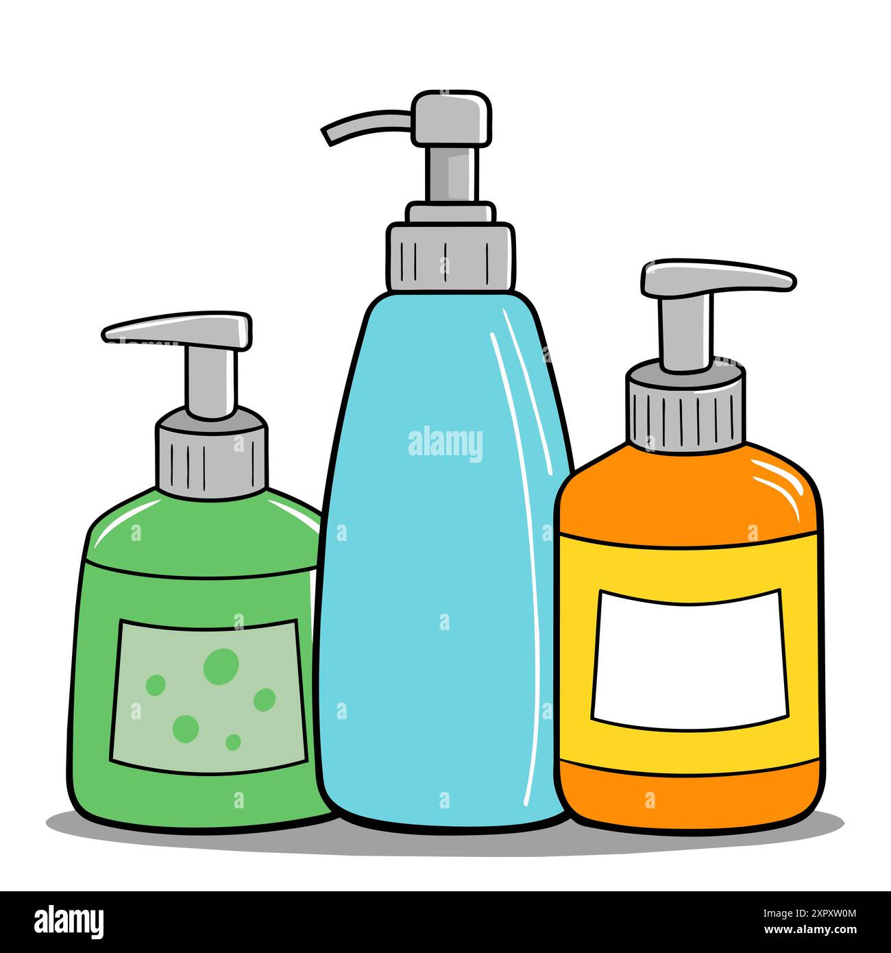 Hand drawn set of bottles with liquid soap. Cartoon style vector ...