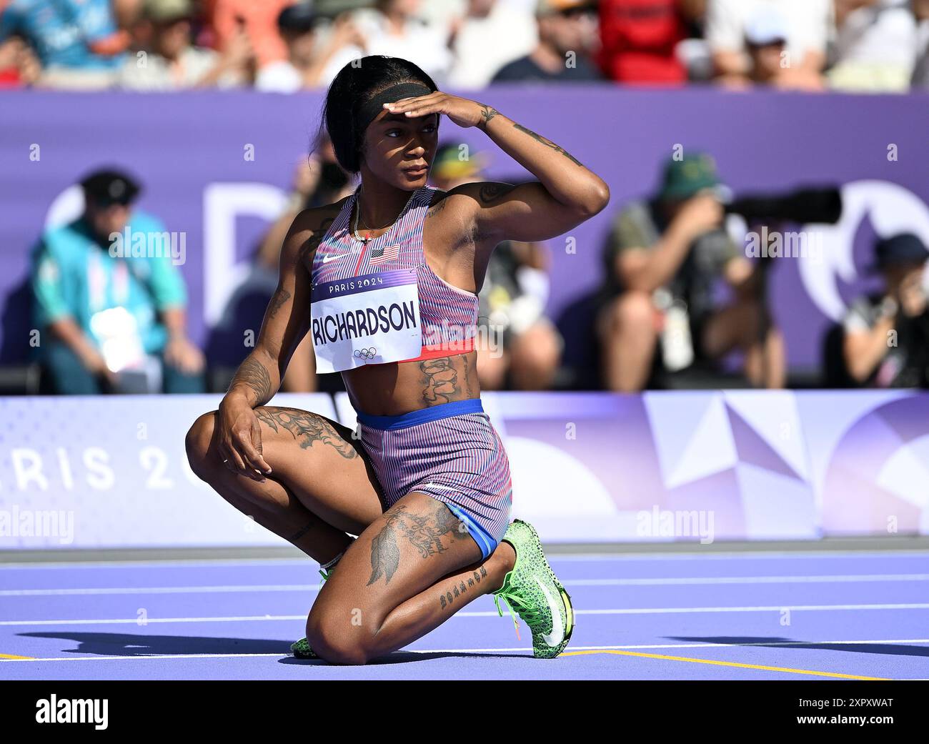 Paris, France. 8th Aug, 2024. Sha'carri Richardson of team USA reacts ...
