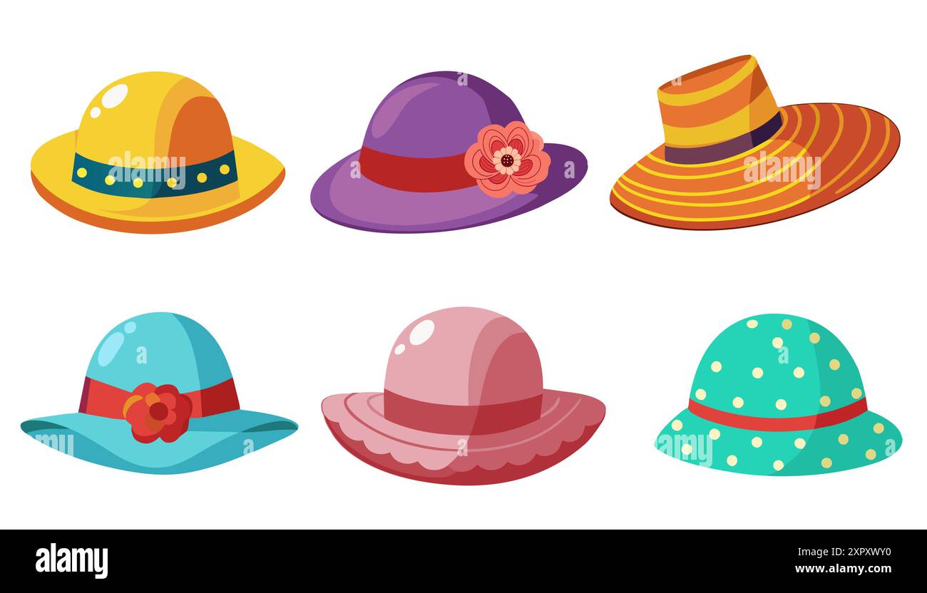 Vector cartoon headgears. Collection of woman summer hats. Clothing ...