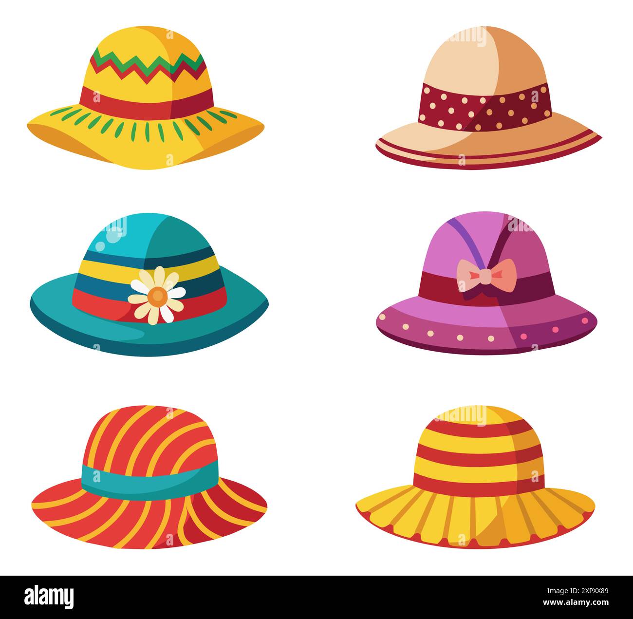 Vector cartoon headgears. Collection of woman summer hats. Clothing ...
